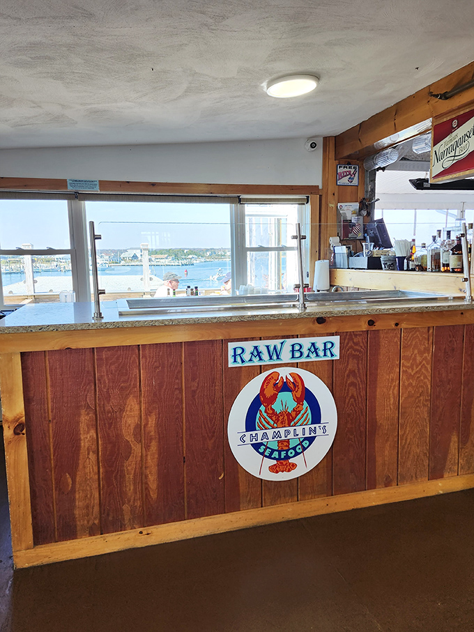 The raw bar—where seafood purists come to worship at the altar of oceanic simplicity. That view isn't just a bonus; it's part of the flavor profile.