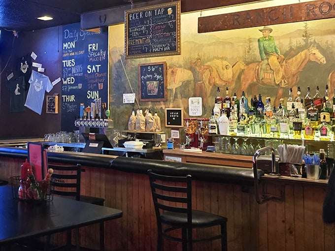 The bar area's Western-themed mural watches over patrons while local beers flow as freely as the conversation.