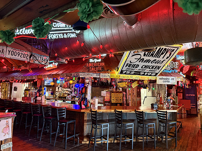 A bar area where license plates and neon create that perfect "I've discovered something special" atmosphere. The kind of place regulars protect fiercely.
