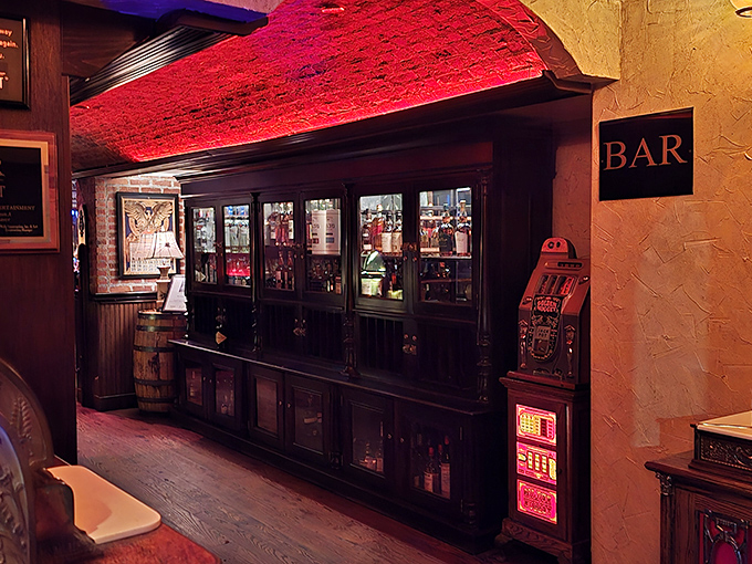 Not just a bar but a shrine to libations, where the red glow promises conversations that improve with each sip.