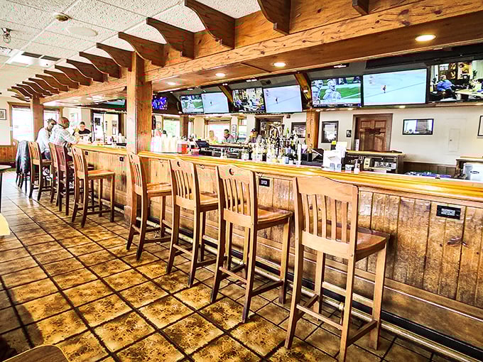 The bar at Mike's: where locals and visitors alike swap fishing tales while waiting for their seafood fix. Cold beer optional but recommended.