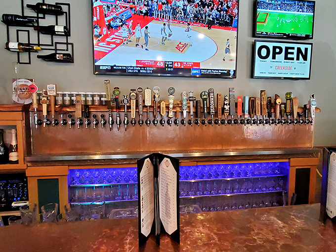 Sports on the screens, dozens of taps at the ready&mdash;this bar area is where beer aficionados find their happy place. The copper tap wall gleams like a beacon of hope.