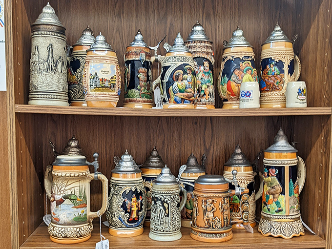 German beer steins that have toasted everything from world wars to moon landings. Each one a miniature museum of craftsmanship and celebration.