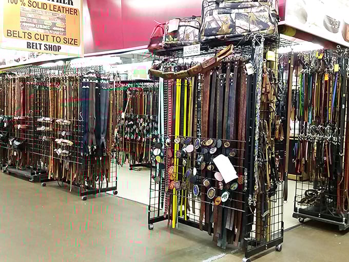 The belt shop's impressive display proves that sometimes the most practical accessories make the strongest fashion statements.