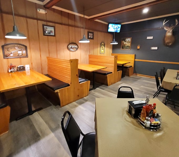 Wooden booths and pendant lighting create a casual dining space where locals gather to catch up over seriously good food.