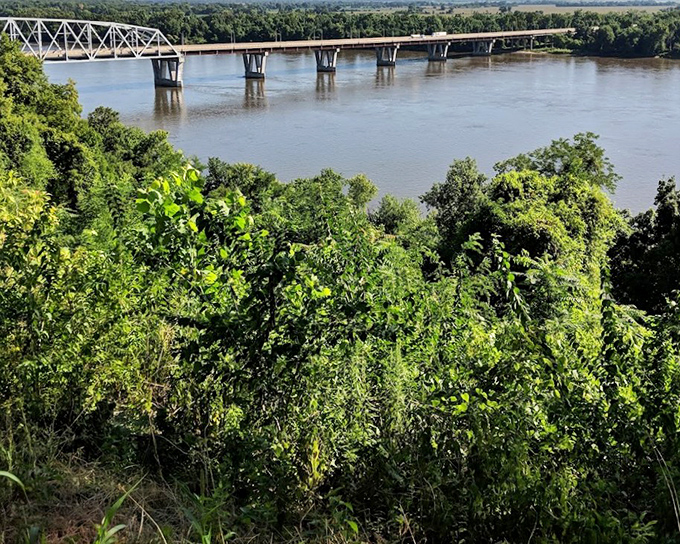 The historic bridge spans the Mississippi like a steel sentence connecting two states, visible from the lighthouse's commanding position.