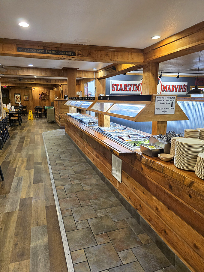 The buffet area&mdash;where dreams and stretchy pants come together. Wood paneling and stainless steel in perfect harmony.