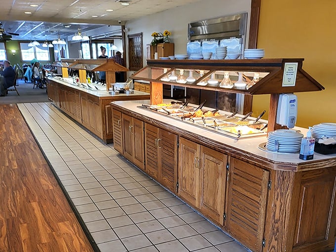 The Grand Buffet stretches invitingly with wooden cabinetry holding everything your appetite has been dreaming about since you left home.