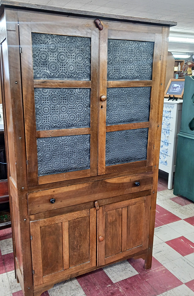 This wooden pie safe with punched tin panels isn't just furniture&mdash;it's a functional history lesson from America's pre-refrigeration era.