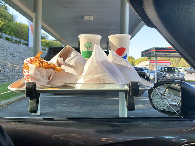The car tray table &ndash; that ingenious invention that transforms your vehicle into a dining room, hooked securely to your window like a promise of good things to come.