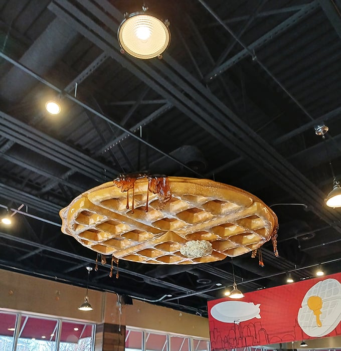 Look up and smile&mdash;that giant waffle chandelier isn't just decor, it's a reminder of the delicious priorities in this breakfast paradise.