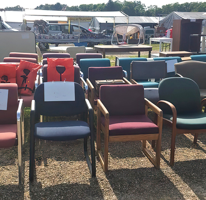 The chair convention. That turquoise one is saying, "I belonged in a 1970s office and I'm ready for my comeback tour."