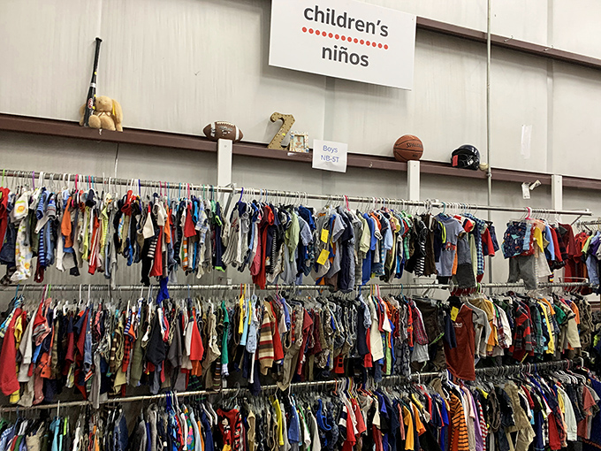 The children's clothing section could outfit an entire elementary school. Those tiny jeans outgrown in weeks find second, third, and fourth lives.