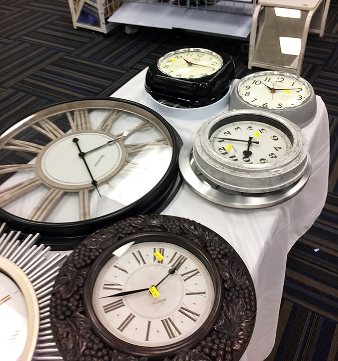 Time literally stands still in the clock section, where vintage timepieces await new homes and fresh batteries.