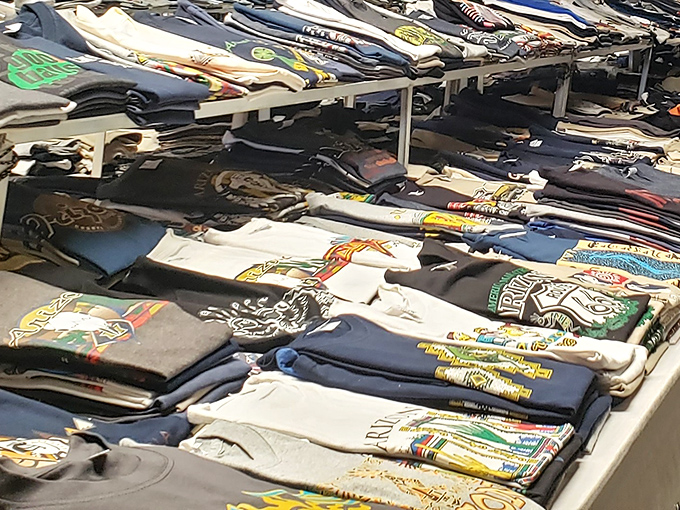 T-shirts spread across tables like a textile buffet &ndash; graphic tees for every taste, opinion, and questionable fashion choice.