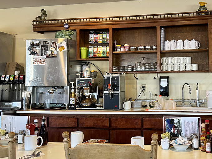 The coffee station stands ready like a caffeinated fortress, keeping mugs filled and conversations flowing all morning long.