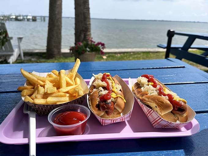 Oceanfront dining with hot dogs and fries. Somehow food always tastes better when there's water in your line of sight.