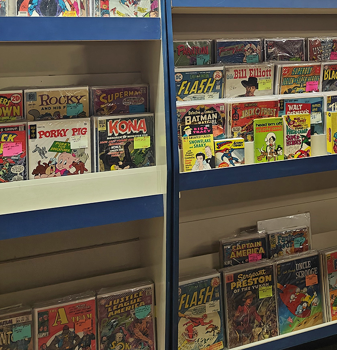 Holy collectibles, Batman! This comic book display is where childhood memories and retirement investments mysteriously become the same thing.
