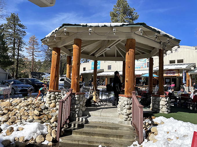 The town gazebo serves as Idyllwild's community living room, where locals and visitors gather under mountain skies.