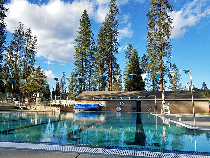 A community pool with a view that makes swimming laps feel less like exercise and more like floating in a mountain paradise.