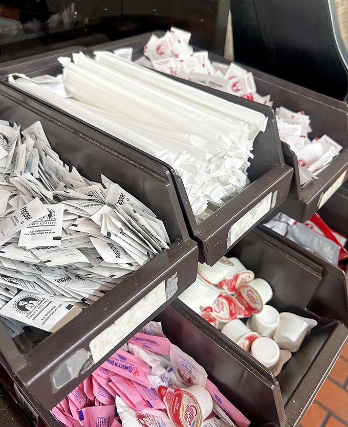 The condiment station: where your meal gets its final personalization. Those sugar packets have enhanced countless cups of sweet tea.