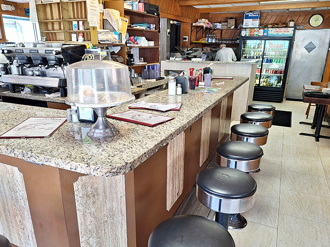 Counter seating where regulars perch like birds on a wire, watching the morning's coffee ritual unfold with religious precision.