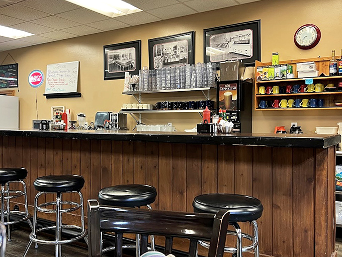 Where coffee dreams come true. The classic wood-paneled counter promises endless refills and friendly conversation&mdash;breakfast's perfect supporting characters.