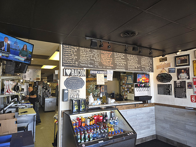 The "I ❤️ BACON" sign isn't just decoration&mdash;it's the diner's constitution, a sacred text that guides everything from breakfast to burger creations. 