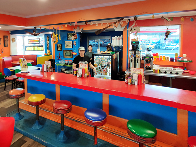 The counter's rainbow of bar stools invites you to perch and ponder life's important questions, like "Can I finish a Double Whammy?"