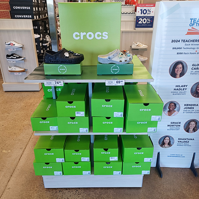 Crocs in every imaginable color, because polarizing footwear choices should at least come with outlet pricing and variety options.