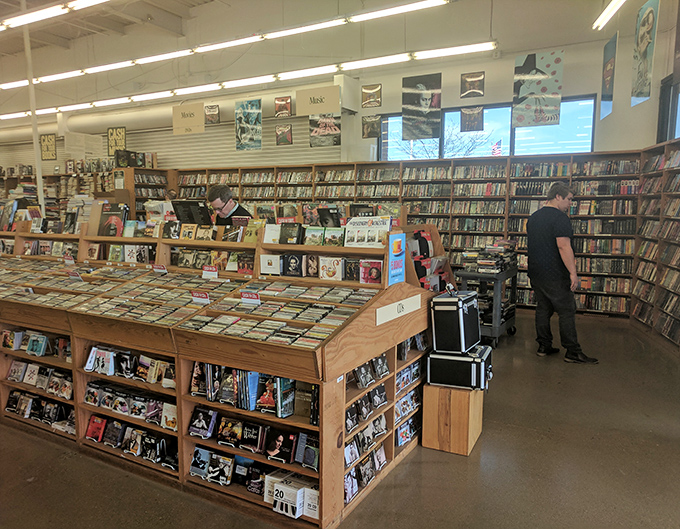 The music and movie section offers nostalgic treasures from bygone eras, where forgotten favorites wait to be rediscovered and taken home.