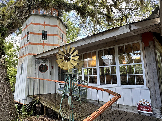 This charming windmill and rustic building look like they wandered off from a storybook and decided Florida's climate was preferable to fiction.