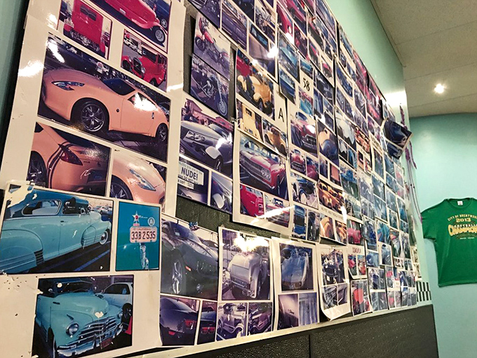 Car enthusiasts get their own gallery wall. While you wait for breakfast, you can debate which classic ride you'd take for a post-pancake cruise.