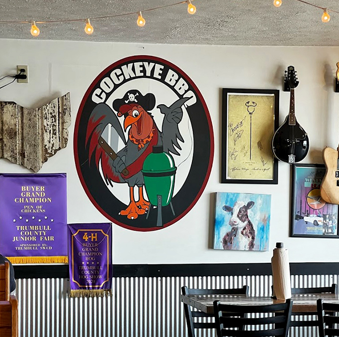 The restaurant's logo and memorabilia create character&mdash;this rooster means serious business when it comes to barbecue excellence.