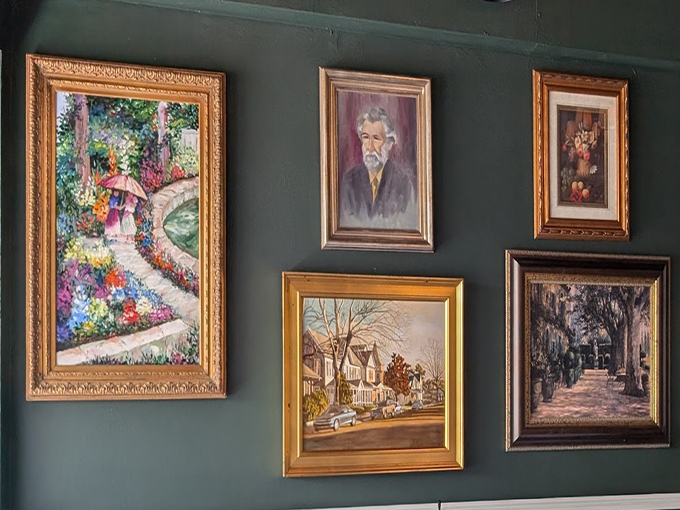 The artwork transforms dining into a gallery experience. Each painting tells a story while you create your own over plates of ropa vieja.