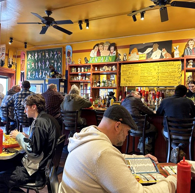 The bar scene at Dirty Frank's proves that hot dogs bring people together better than most social media platforms ever could.
