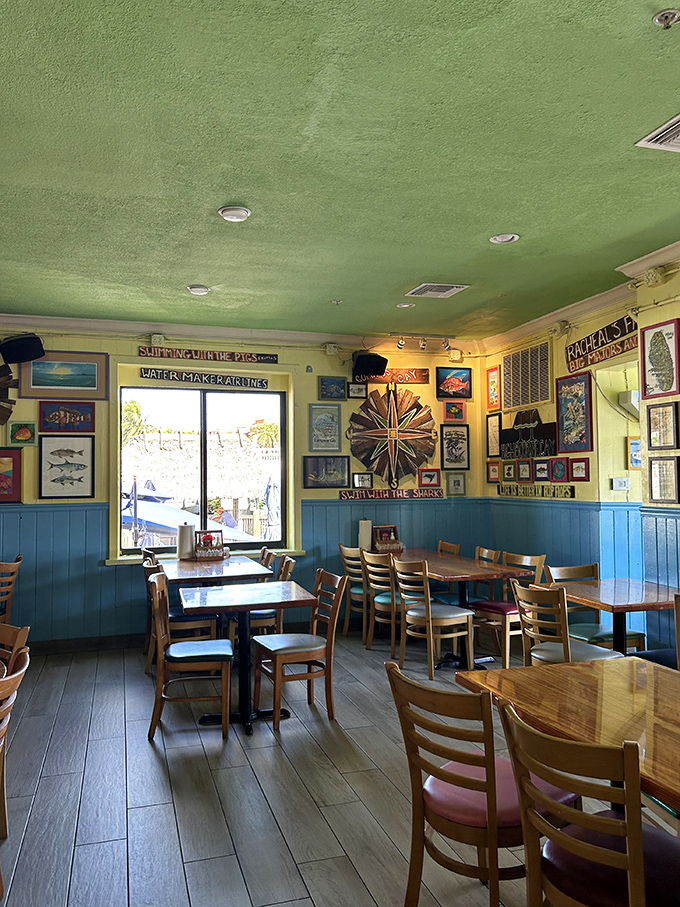 The dining area's mint ceiling and maritime d&eacute;cor create the perfect backdrop for seafood stories&mdash;where "the one that got away" tales grow taller with each cocktail.