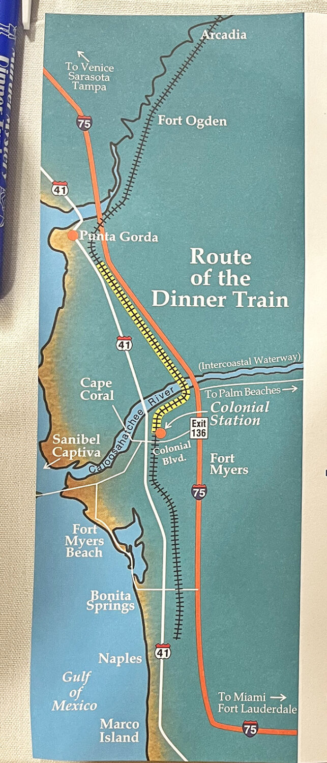 The dinner train's route reads like a love letter to Southwest Florida's coastline. Geography never looked so appetizing. 