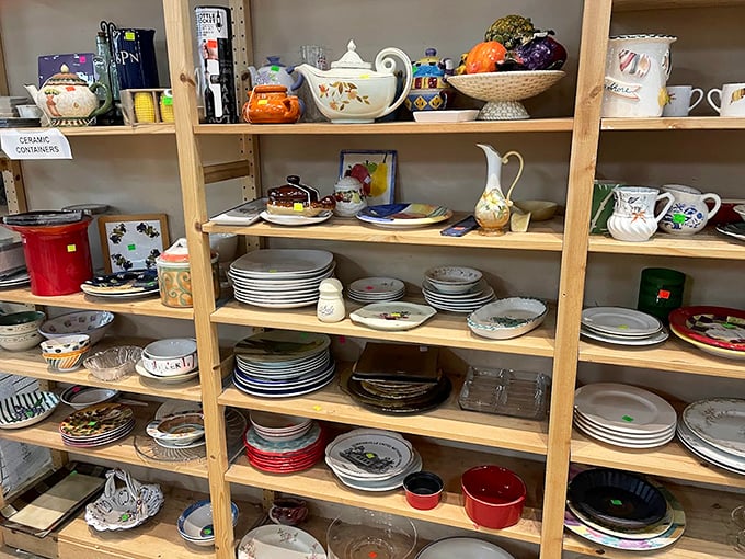 Dishware paradise where incomplete sets find new purpose. That teapot is just waiting to pour its next cuppa in your breakfast nook.