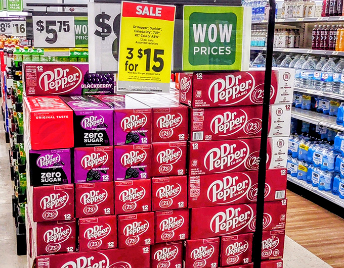 Dr. Pepper's crimson army stands at attention, with blackberry and zero sugar varieties joining the classic &ndash; a soda selection that respects both tradition and innovation.