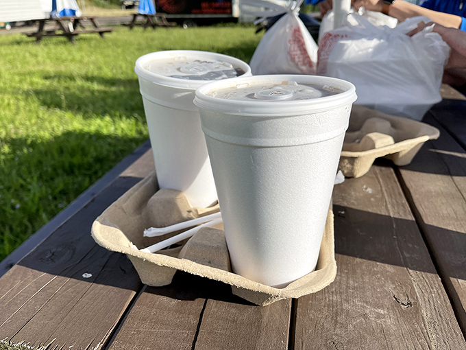 Even the drinks get the picnic-perfect treatment. Two frosty cups waiting to cool you down after all that smoky, spicy goodness.