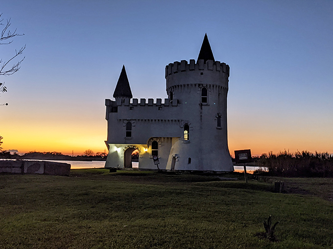 As the sun dips below the horizon, half the magic of Fisherman's Castle is revealed in its dramatic silhouette against the golden sky.