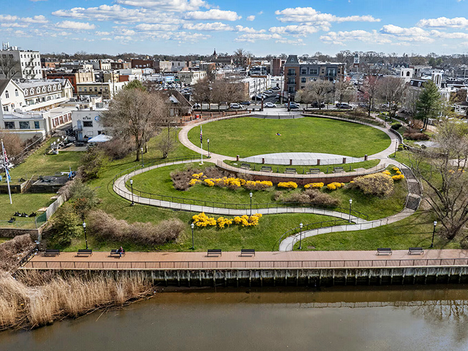 This aerial view reveals Red Bank's clever design&mdash;a circular park creating a green heart for the community while embracing the waterfront.