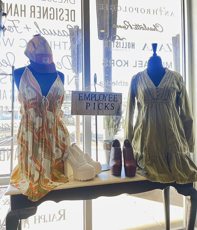 Employee picks showcase the staff's fashion expertise&mdash;a colorful sundress and olive frock flanked by statement shoes that mean business.