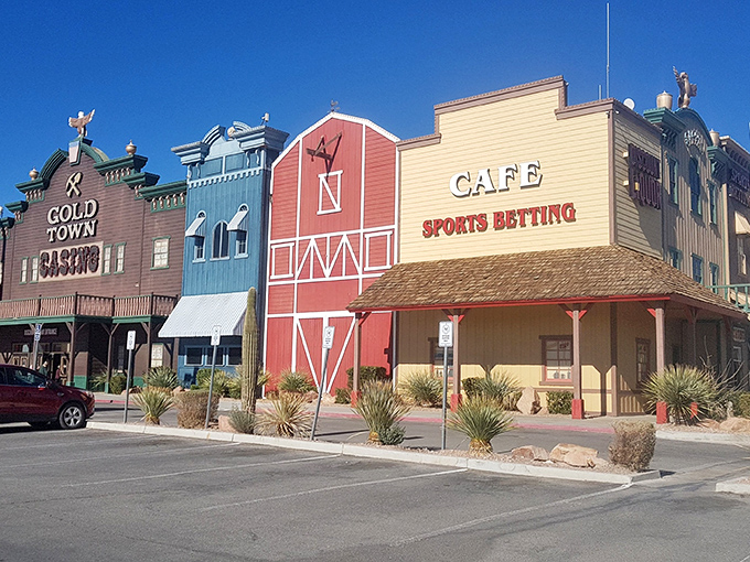 Old West meets modern entertainment in this colorful row of establishments. Gold Town Casino's facade tells you serious fun doesn't require serious architecture.
