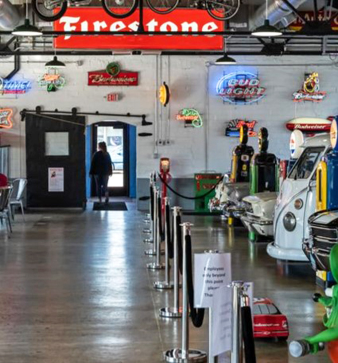 Firestone meets fine dining in this automotive wonderland where vintage rides share space with vintage recipes.