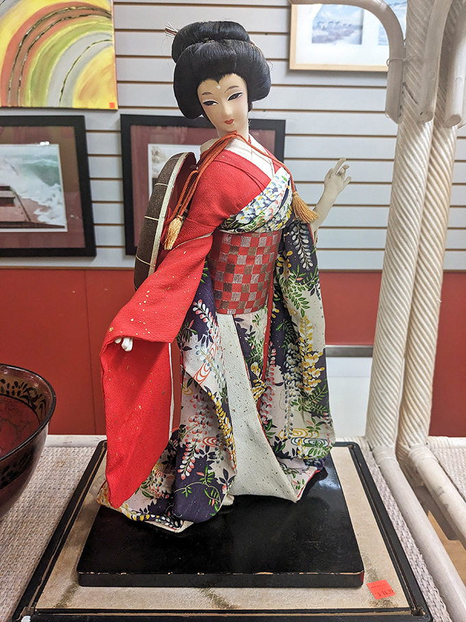 This elegant geisha figurine stands as proof that sometimes the most exotic treasures appear in the most unexpected Wisconsin locations.