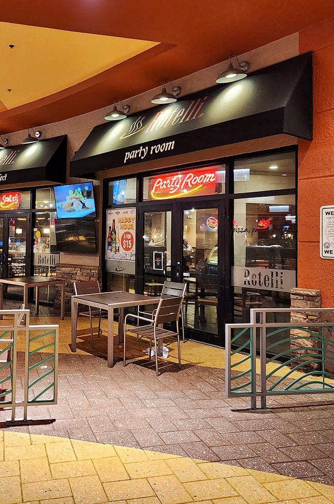 Rotelli's Party Room offers a tempting respite for weary shoppers. Those outdoor tables practically beg you to rest your shopping bags and refuel with some Italian comfort food.