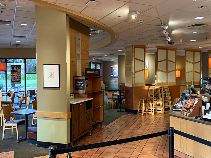 The food court offers respite for weary shoppers, with just enough ambiance to make you forget you're refueling in a mall.