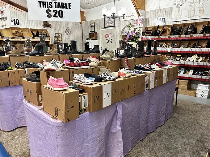 Shoe paradise where every table promises comfort, style, or at least an interesting conversation starter.